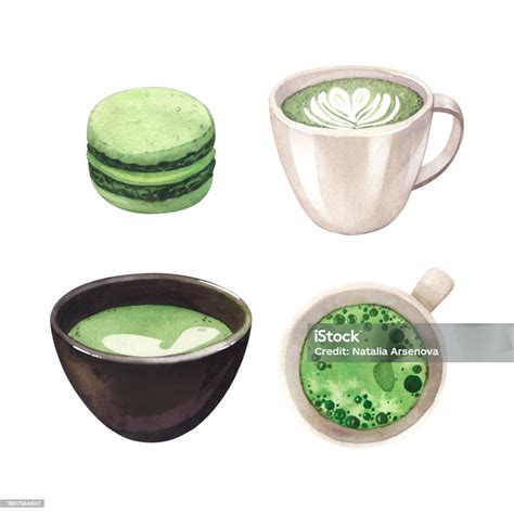 수채화 사실적인 한잔의 뜨거운 녹차 녹차 라떼 음료 세트입니다 찻잔 손으로 그린 그림 흰색 배경에 고립되어 있습니다 배너 메뉴 전단지 브로셔 템플릿에 적합 가루로 빻은에