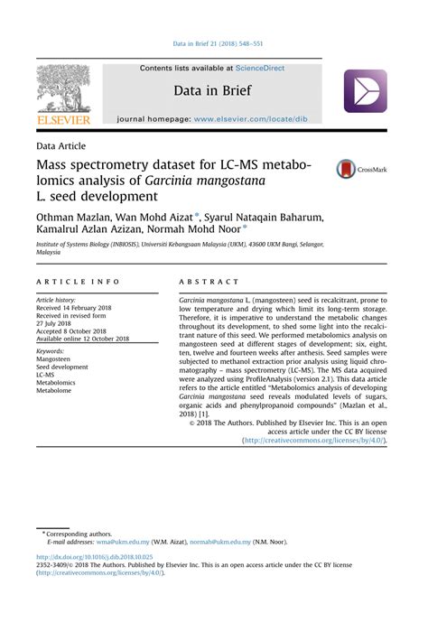 Pdf Mass Spectrometry Dataset For Lc Ms Metabolomics Analysis Of Garcinia Mangostana L Seed