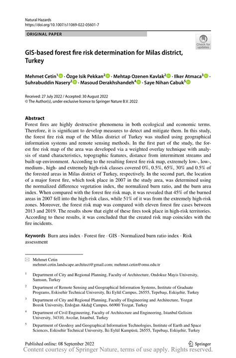 Gis‑based Forest Fire Risk Determination For Milas District Turkey Request Pdf