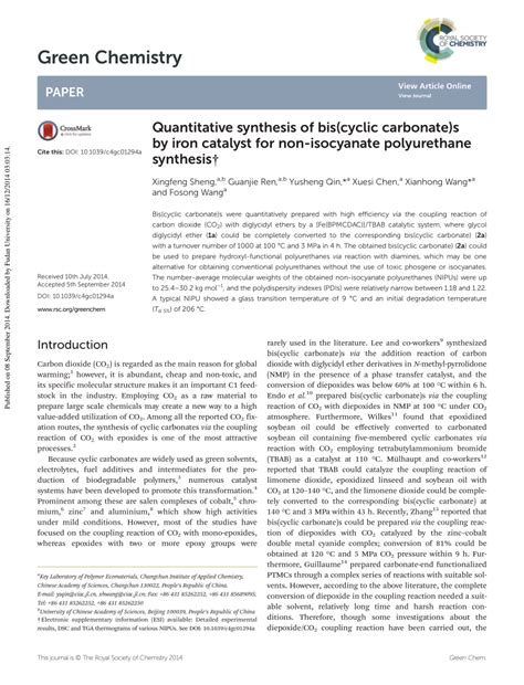 PDF Quantitative Synthesis Of Bis Cyclic Carbonate S By Iron Catalyst