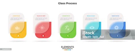 수평 행에 배치된 반투명 유리 뒤에 5개의 방울이 있는 프로세스 차트 사업 개발의 5 단계 개념 간단한 인포 그래픽 디자인 템플릿입니다 현대 평면 벡터 그림입니다 5에 대한