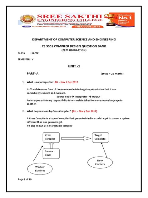Cs 3501 Compiler Design Question Bank With Answer Unit 1 4 Pdf