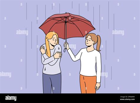 Happy Caring Woman Help Unhappy Wet Friend Share Umbrella Smiling