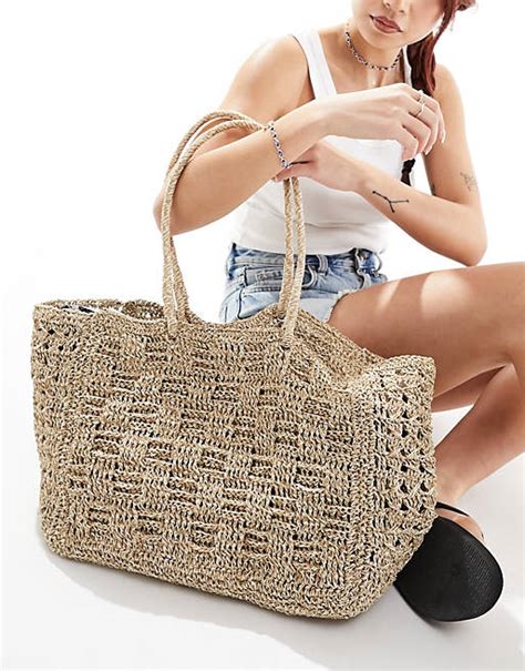 Asos Design Straw Hand Crochet Tote Bag In Mixed Weave Asos