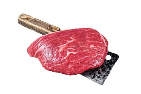 Fresh Raw Rump Beef Cut Or Top Sirloin Cap Steak On Butcher Cleaver