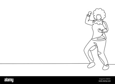 Single Continuous Line Drawing Female Clown Stands With Celebrate