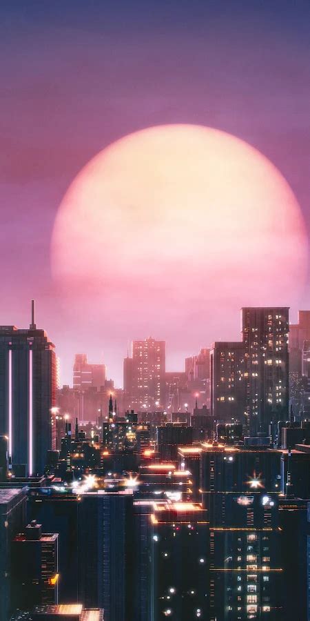 Cyberpunk City Futuristic Skyline Pink Sky Large Moon 4k Phone Wallpaper