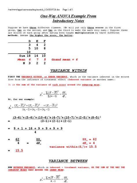 One Way Anova Example From Introductory Notes D E F 3 4 2 5 10 8 10 Sum 18 14 10 N 3 2 2