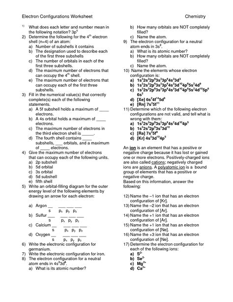 Chemistry Electron Configurations Worksheet