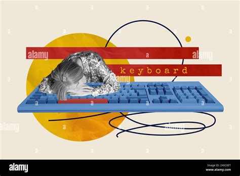 Composite Photo Collage Of Sleepy Old Woman Lie Computer Keyboard Office Equipment Tool Keypad