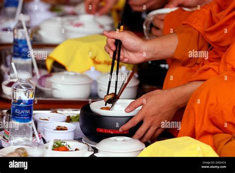 vegetarian meal monks at buddhist ceremony in the main hall phuoc hue