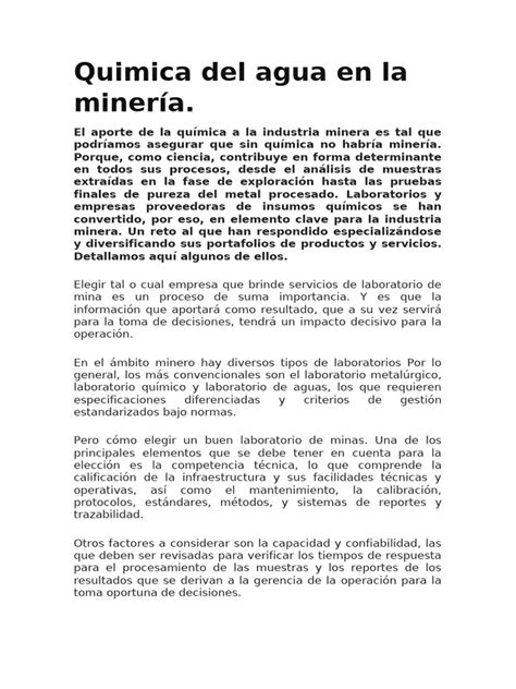 Quimica Del Agua En La Minería Pdf Minería Laboratorios