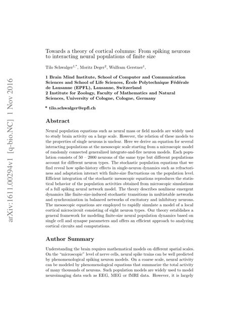 Pdf Towards A Theory Of Cortical Columns From Spiking Neurons To