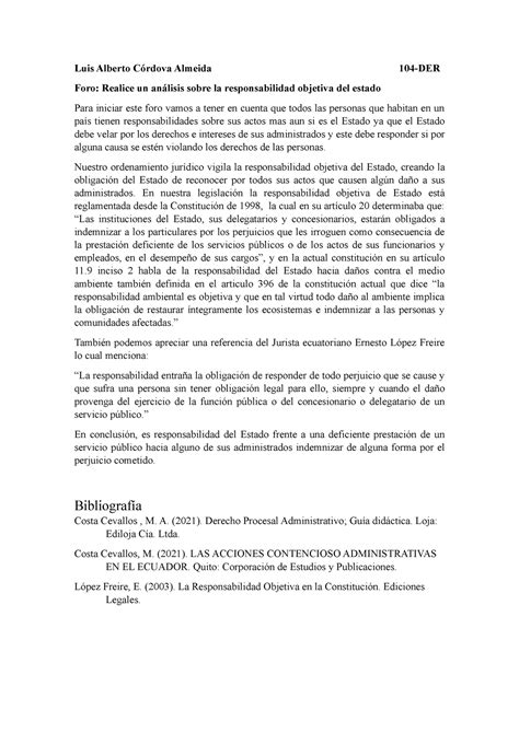 Foro Realice un análisis sobre la responsabilidad objetiva del estado