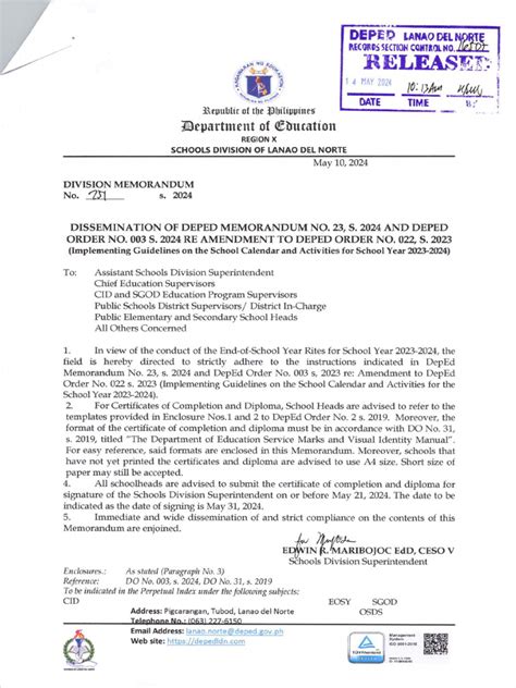 Dissemination Of Deped Memorandum No 23 S 2024 And Deped Order No 003