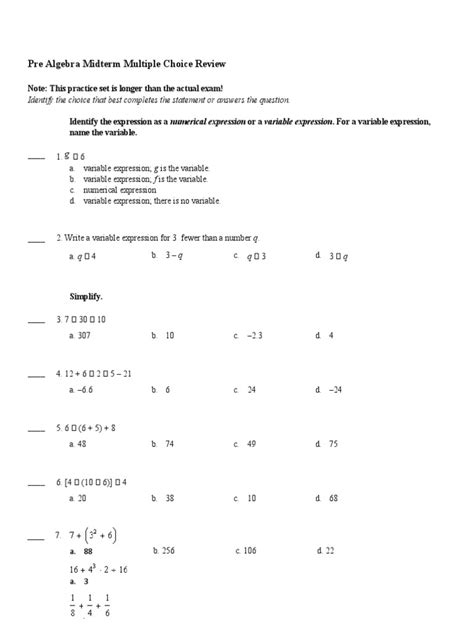 Pre Algebra Multiple Choice Pdf Area Rectangle