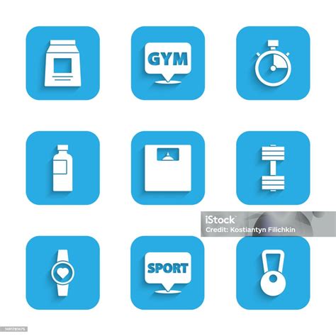 욕실 체중계 위치 체육관 케틀벨 덤벨 스마트 워치 피트니스 셰이커 스톱워치 및 스포츠 영양 아이콘을 설정합니다 벡터 건강한 생활방식에 대한 스톡 벡터 아트 및 기타 이미지