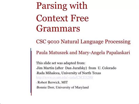PPT Parsing With Context Free Grammars CSC 9010 Natural Language