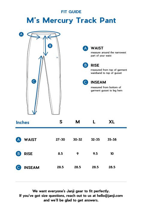 Size Chart Ms Mercury Track Pant Janji