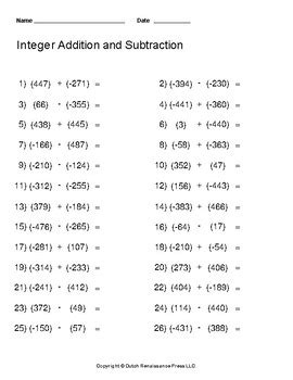 Integer Addition And Subtraction Worksheet Generator By Tim S Printables