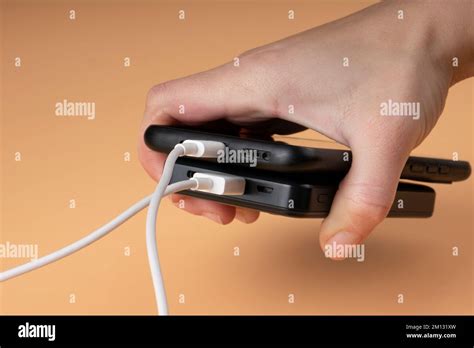 Connecting Usb Portable Power Bank Accumulator And Phone Black Color In