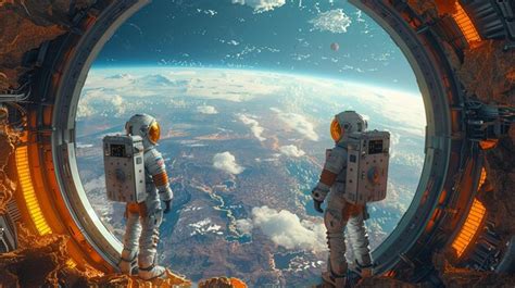 Premium Photo | Astronauts in spacesuits looking out of a window at the earth generative ai