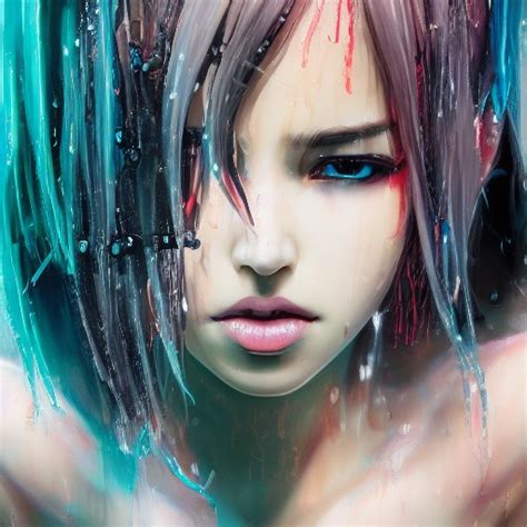Close Up Portrait Of A Sexy Dripping Wet Cyberpunk Girl With Lon