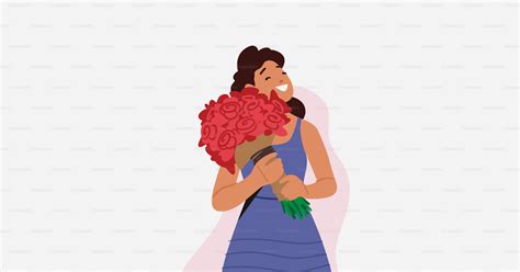 아름다운 꽃다발을 들고 있는 젊은 여자 행복한 여성 캐릭터는 생일 축하 또는 데이트를 위한 선물을 받습니다 손에 꽃을 든