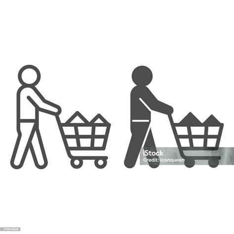 쇼핑 카트 라인과 솔리드 아이콘 소비자 구매자 개념을 가진 남자 벡터 그래픽 흰색 배경에 인간적이고 전체 트롤리 기호 모바일 또는 웹 디자인을위한 윤곽선 스타일 아이콘