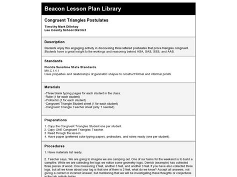 Congruent Triangles Postulates Lesson Plan For 3rd 4th Grade Lesson