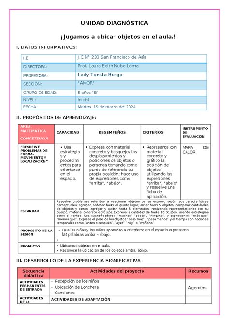 Actividad 07 19 DE Marzo UNIDAD DIAGNÓSTICA Jugamos a ubicar