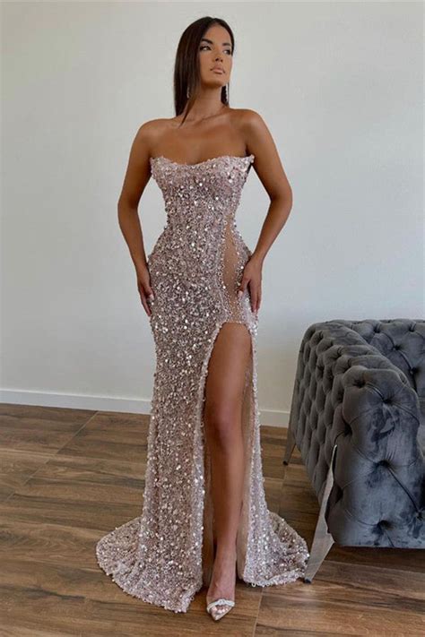 Strapless Sequins Prom Dress Mermaid Long With Split Newinlook