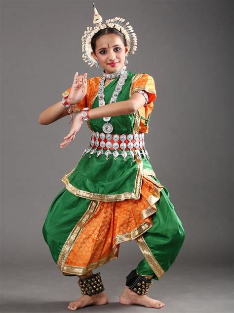 Ready To Wear Girls Odissi Dance Cross Fan Green Orange Costume The