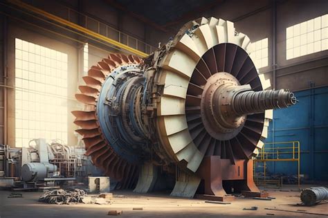Premium AI Image Workers Assembling And Constructing Gas Turbines In