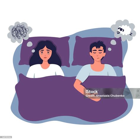 여자와 남자가 침대에 누워 있고 여자는 잠을 잘 수 없습니다 정신 장애 개념 우울증 불면증 벡터 그림 Mental