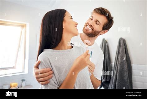 Couple Bathroom And Grooming With Woman Smile And Man Do Dental