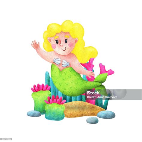 옐옐로우 머리를 가진 몸의 긍정적 인어 만화 스타일의 수채화 일러스트레이션이 있는 컴포지션 어린이 인쇄 흰색 배경에 이미지를 스톡합니다 0명에 대한 스톡 벡터 아트 및 기타