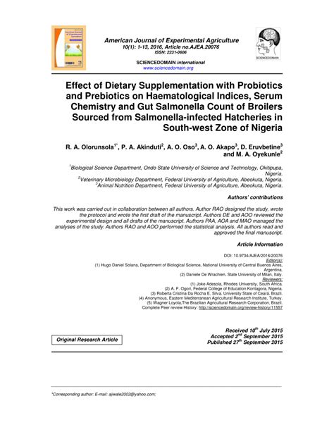 Pdf Effect Of Dietary Supplementation With Probiotics And Prebiotics On Haematological Indices