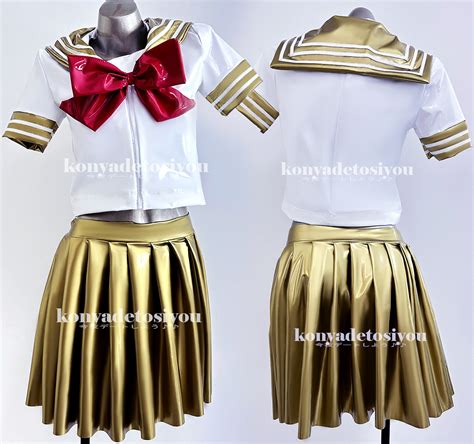 【未使用】konyadetosiyou Ljh23005白＆金 超光沢 可愛いセーラー風トップス プリーツスカート コスプレ Jk制服 仮装