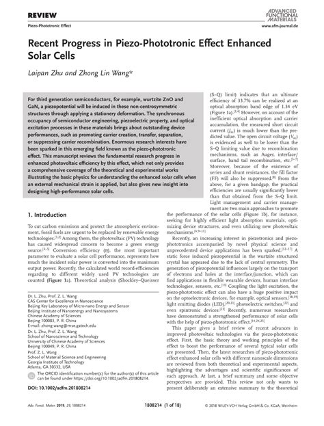 Recent Progress In Piezo‐phototronic Effect Enhanced Solar Cells