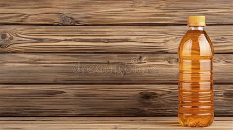 Amber Liquid In Clear Plastic Bottle Against Rustic Brown Wooden Background Stock Illustration