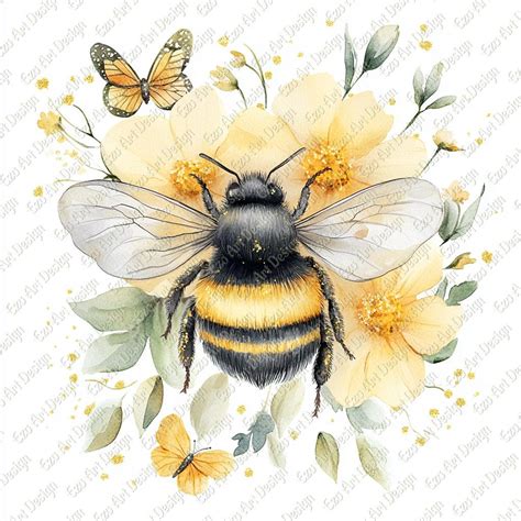 Watercolor Honey Bee Clipart Floral Bee Art Digital Download Etsy
