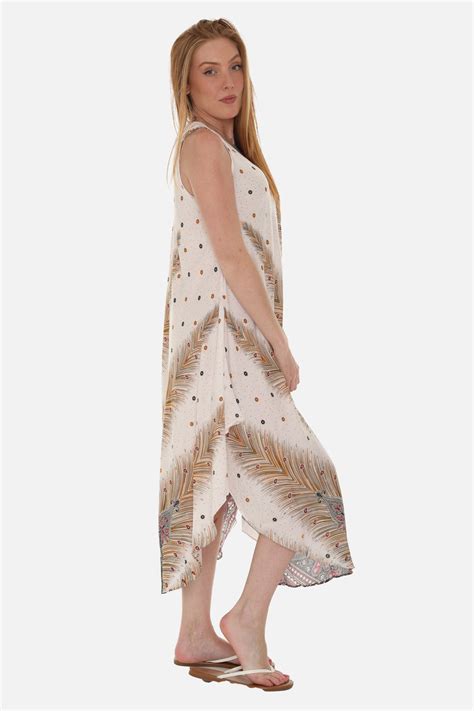 Peacock Feather Print Dress With Crew Neck Shoreline Wear Inc