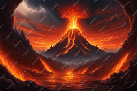 A Majestic Volcano Rendered In A Dramatic Illustration With A Striking