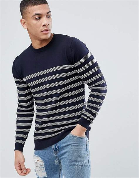 Next Stripe Sweater In Navy Asos Mens Striped Sweater Mens Fashion