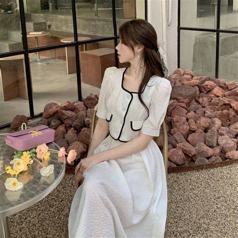 반하니 베네트 ️ 배색 라인 진주 퍼프 블라우스 자켓 And 핀턱 A라인 플레어 스커트 투피스 세트 하객룩 추천💐