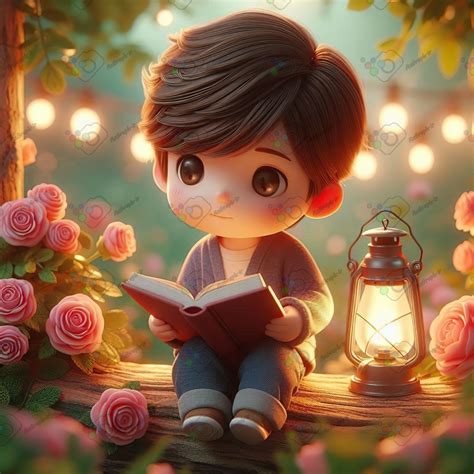 بک گراند کودکانه پسربچه ناز نشسته روی کنده درخت در حال مطالعه کتاب کد 43767 ویژه عکس گراف عکس