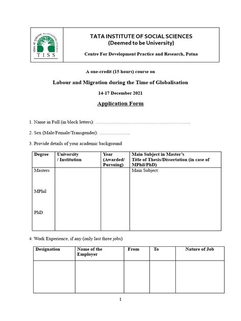 Course 1 Application Form Labour And Migration During The Time Of