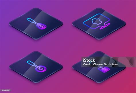 위치와 주걱이있는 등분 성 라인 주방 거품기 피자 나이프 요리사 모자를 설정합니다 파란색 정사각형 버튼 벡터 3차원 형태에 대한 스톡 벡터 아트 및 기타 이미지 Istock