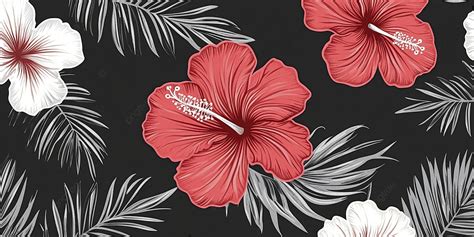 붉은 히비스커스 꽃과 손바닥이 검은 배경에 잎을 가진 원활한 패턴 원활한 무늬 빨간색 배경 일러스트 및 사진 무료 다운로드 Pngtree